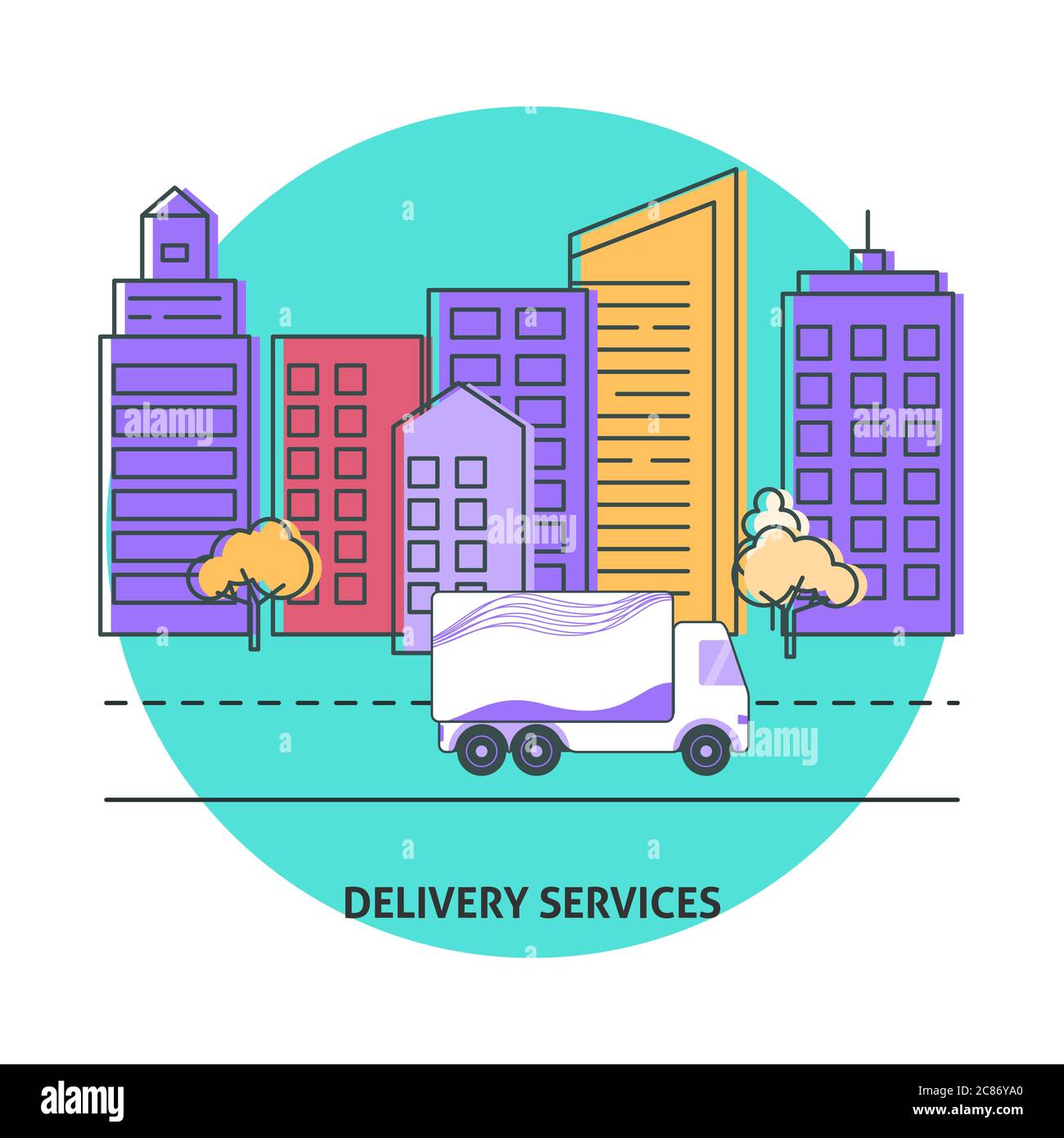 Delivery services banner template in flat style. Truck on a city street ...