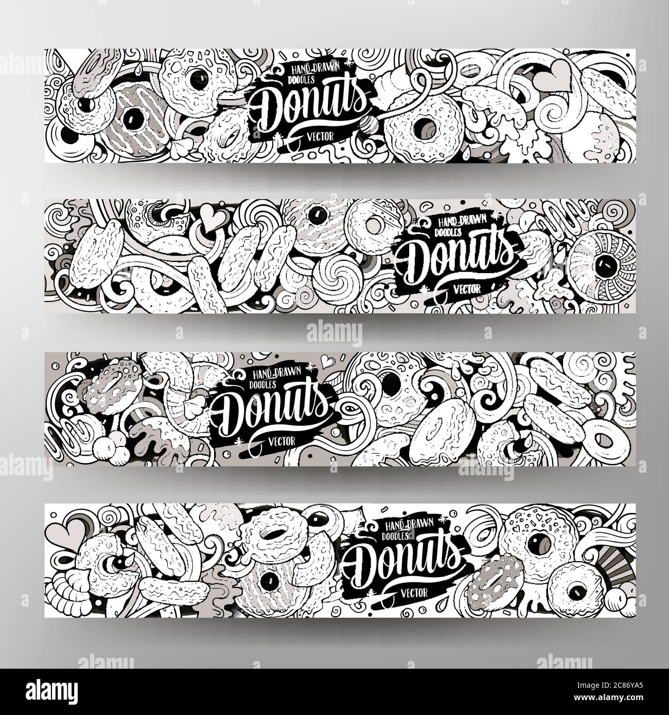 Cartoon cute colorful vector hand drawn doodles Donuts banners design ...