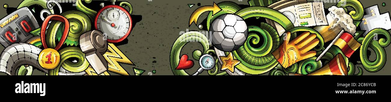 Soccer hand drawn doodle banner. Cartoon detailed illustrations Stock ...