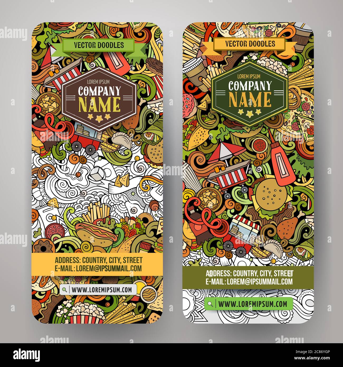 Fast food hand drawn doodle banners set. Cartoon detailed flyers Stock ...