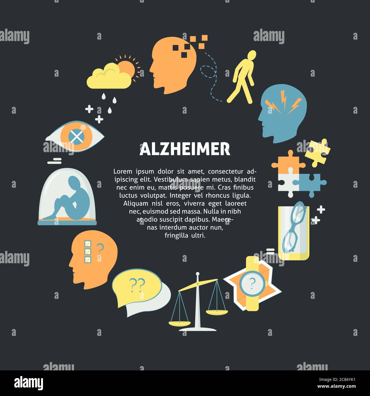 Alzheimer's symptoms round concept in flat style. Banner or poster template with seniors disease ...