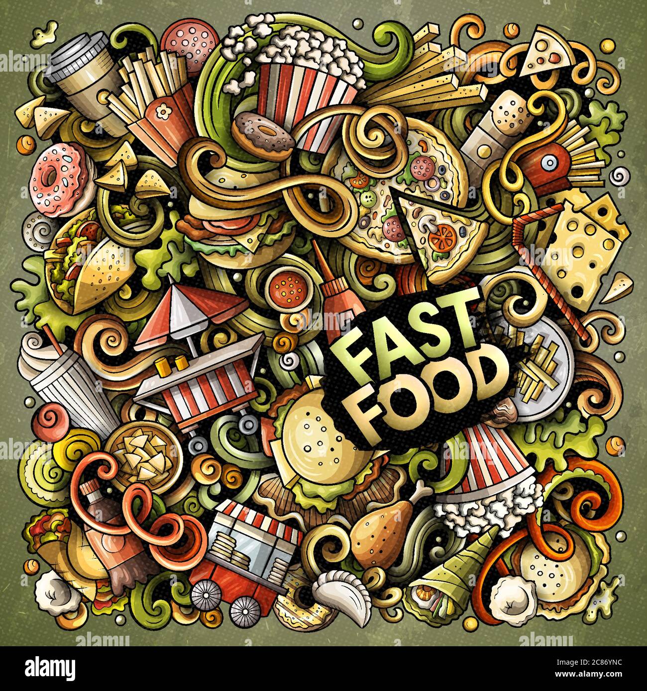 Fastfood hand drawn vector doodles illustration. Fast food poster ...