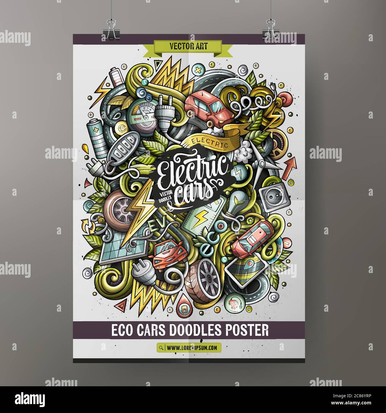 Cartoon colorful hand drawn doodles Electric cars poster Stock Vector ...