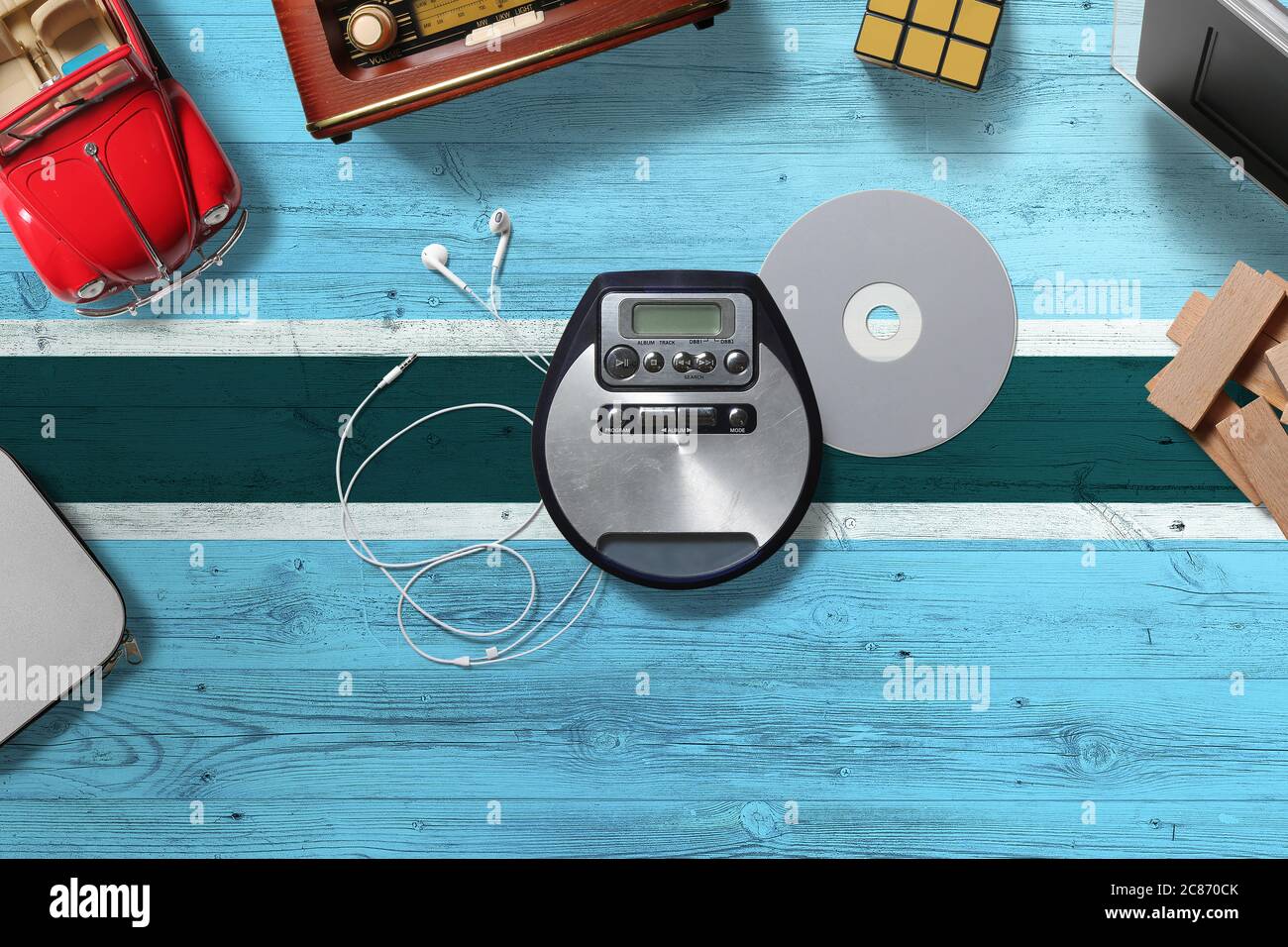 Botswana flag on wooden desk with retro digital media concept. National ...
