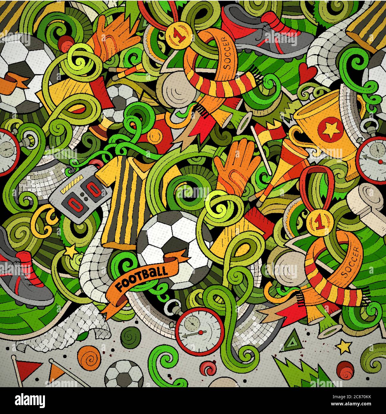 Cartoon vector doodles Soccer frame. Colorful, detailed, background ...