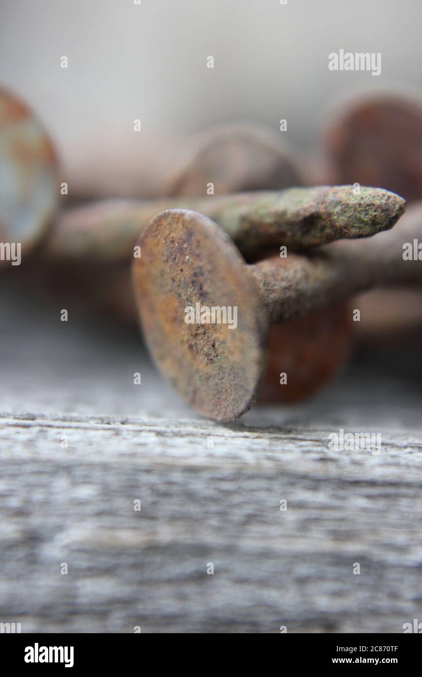A pile of worn, rusted and out of date iron construction nails Stock ...