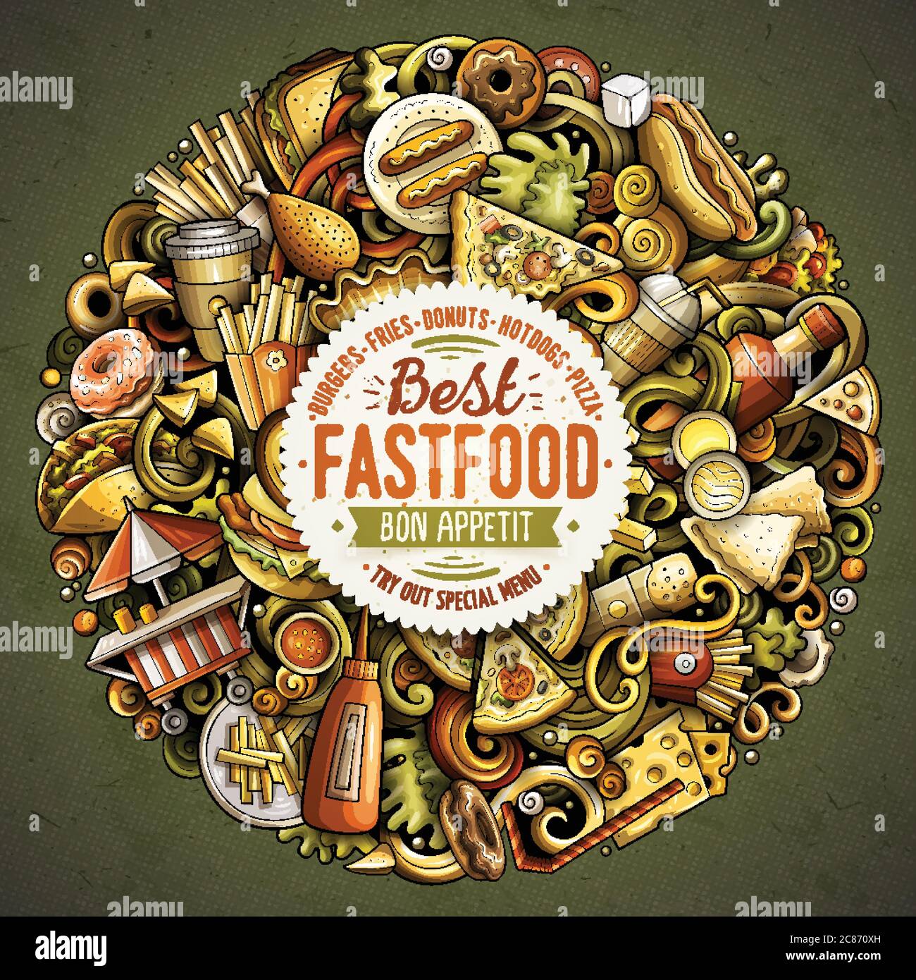Fastfood hand drawn vector doodles round illustration. Fast food poster ...