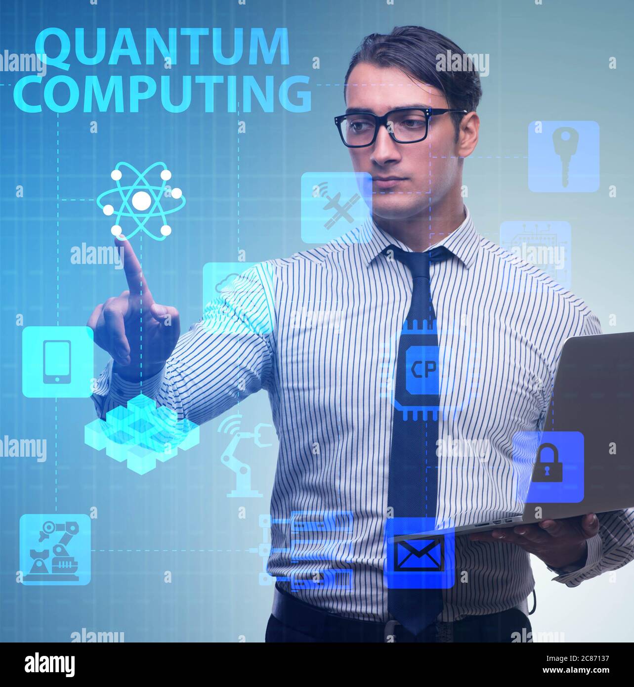 The businessman pressing virtual button in quantum computing concept ...