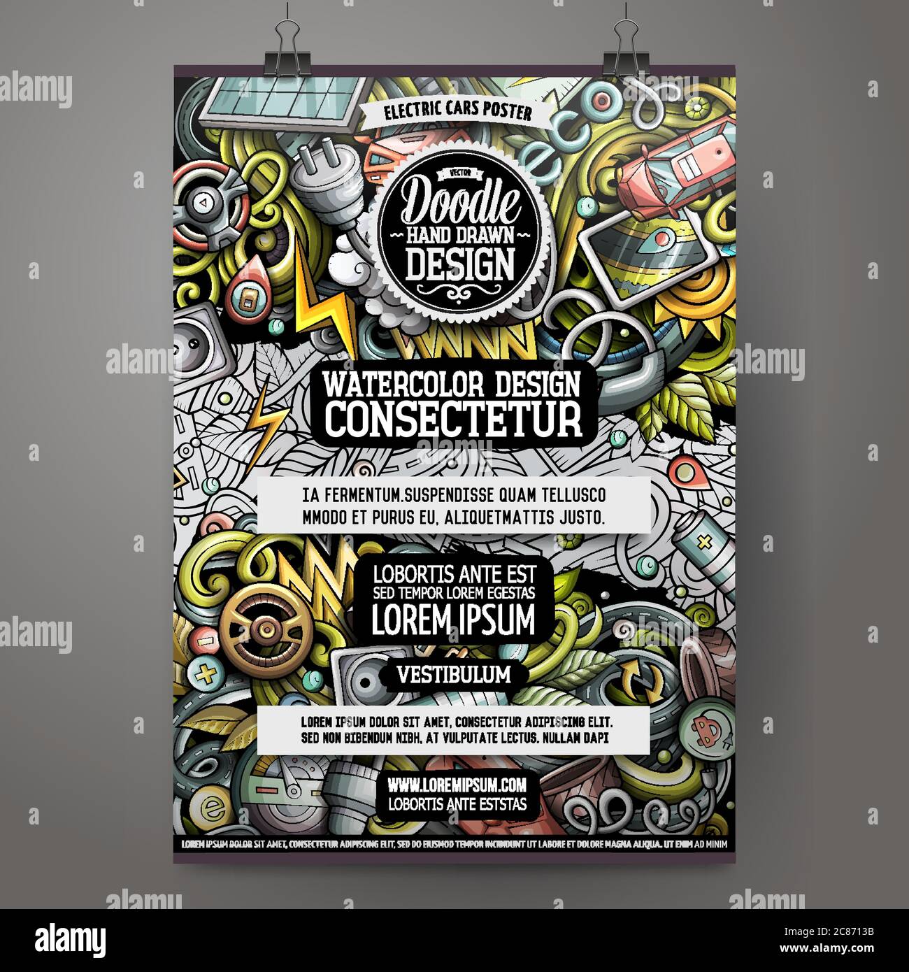 Cartoon hand drawn doodles Electric cars poster design Stock Vector ...