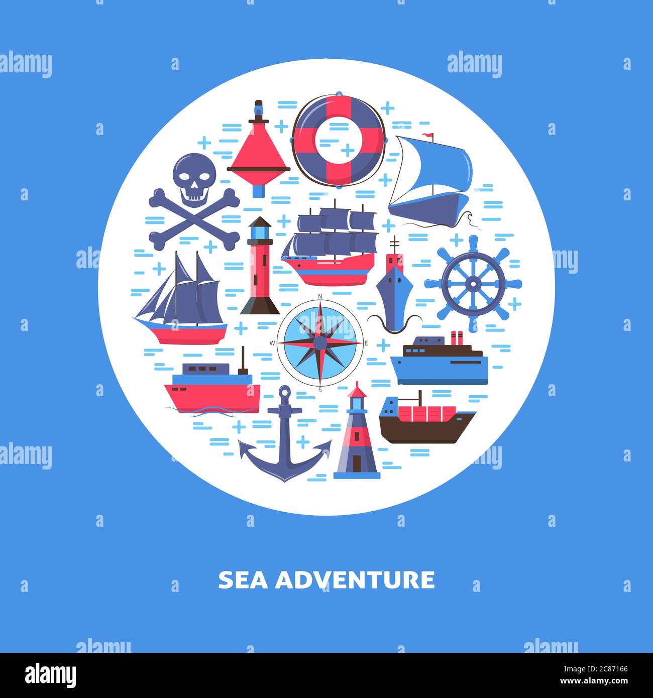 Marine round concept in flat style with ships and nautical symbols. Sea ...