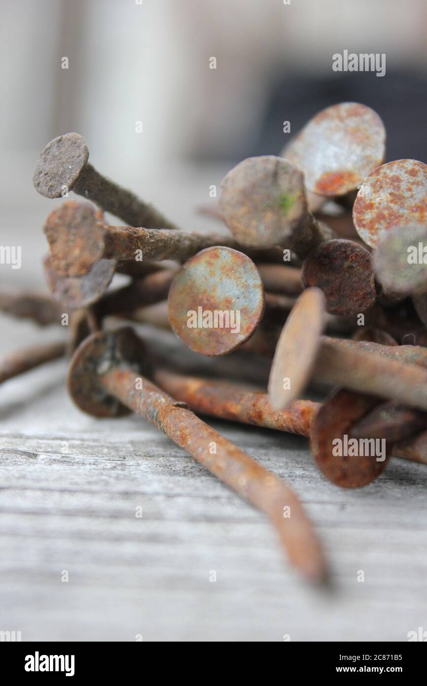 A pile of worn, rusted and out of date iron construction nails Stock ...