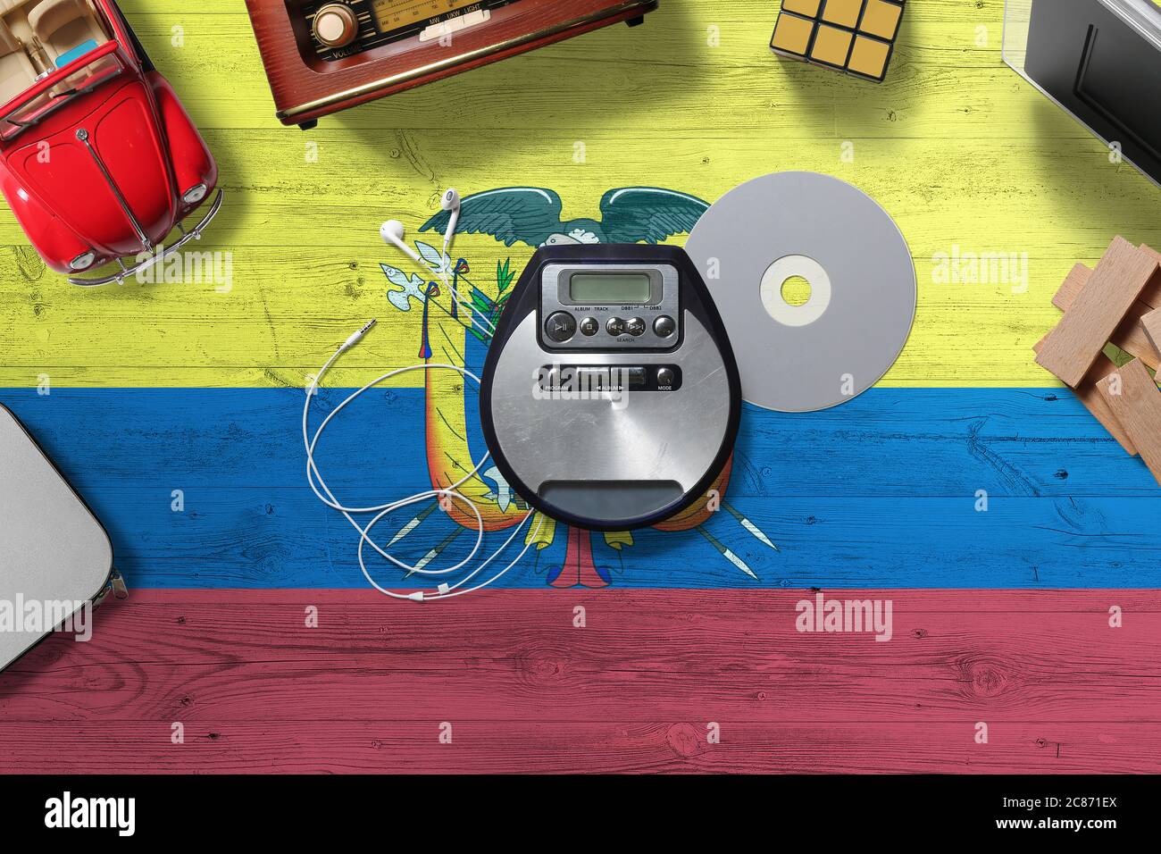 Ecuador flag on wooden desk with retro digital media concept. National ...