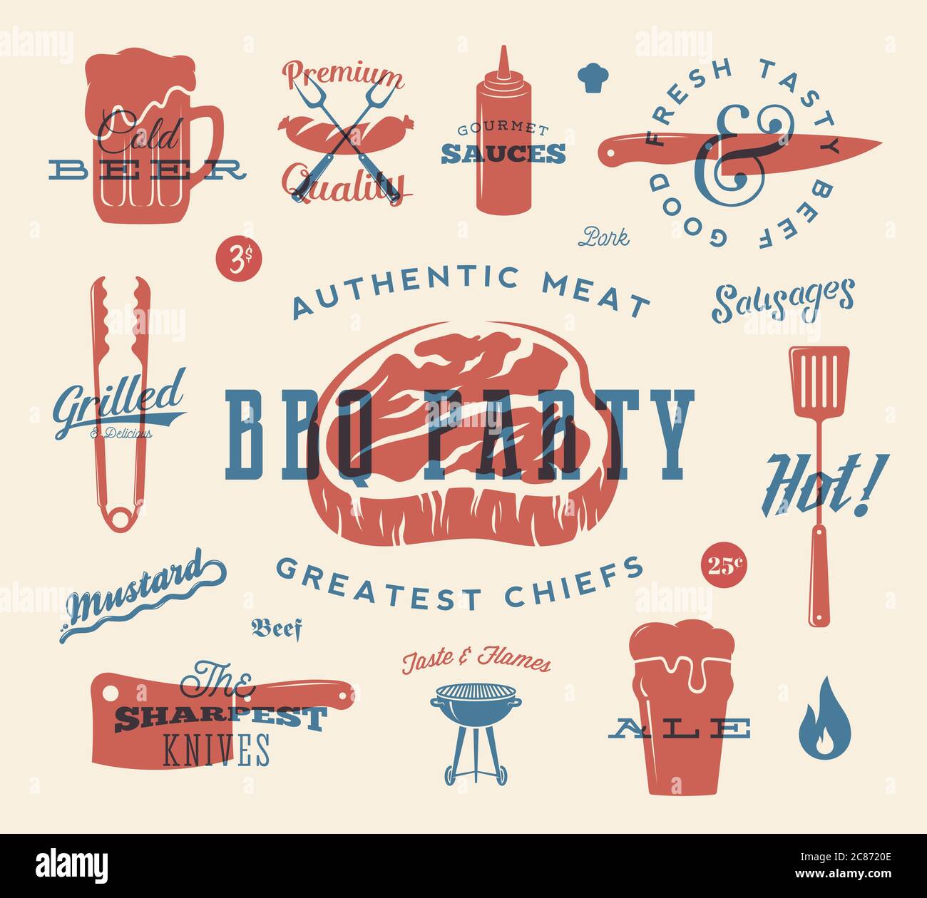 Barbecue Party Vector Retro Signs and Icons Collection. Meat and Beer ...