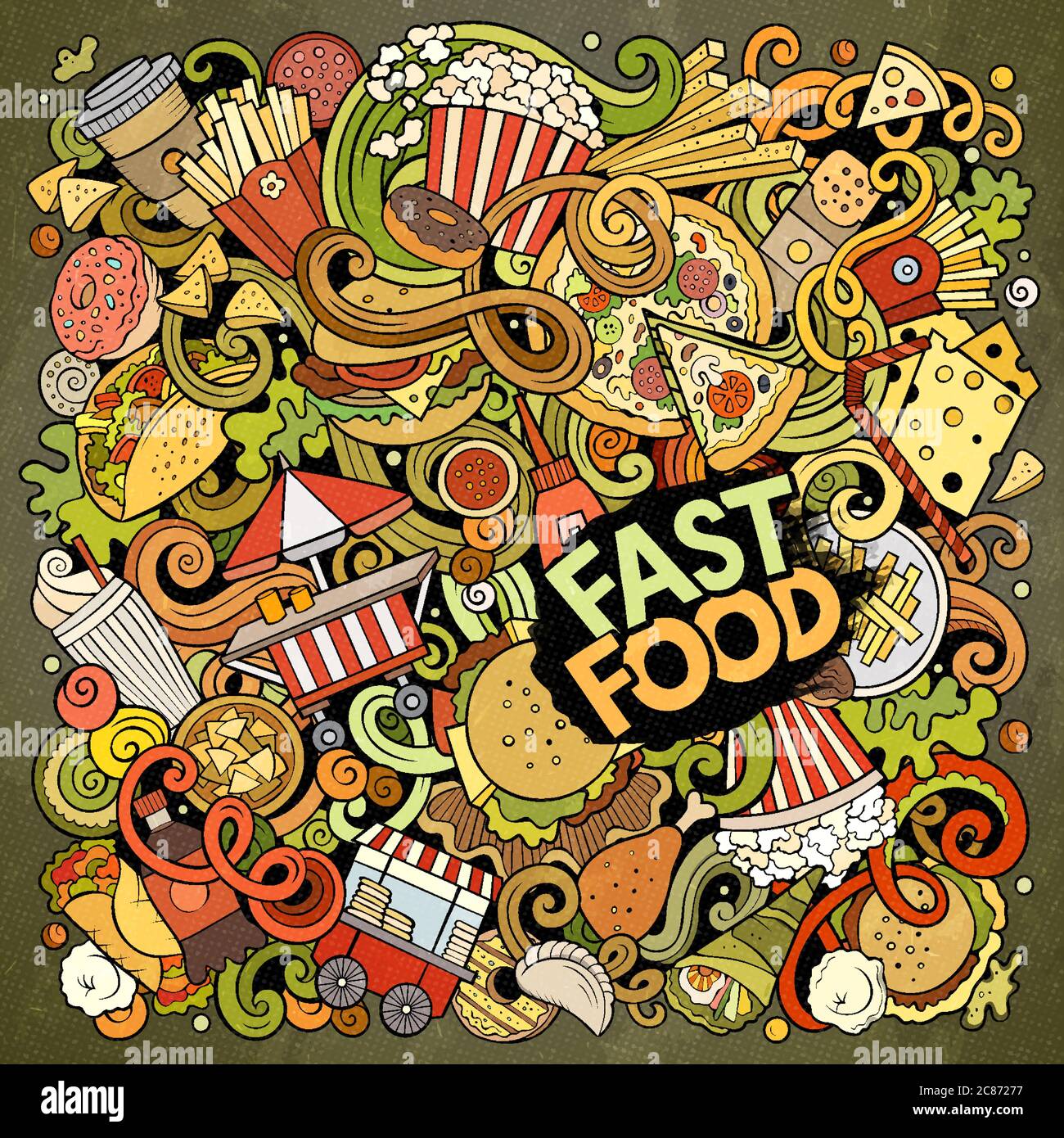 Fastfood hand drawn vector doodles illustration. Fast food poster ...