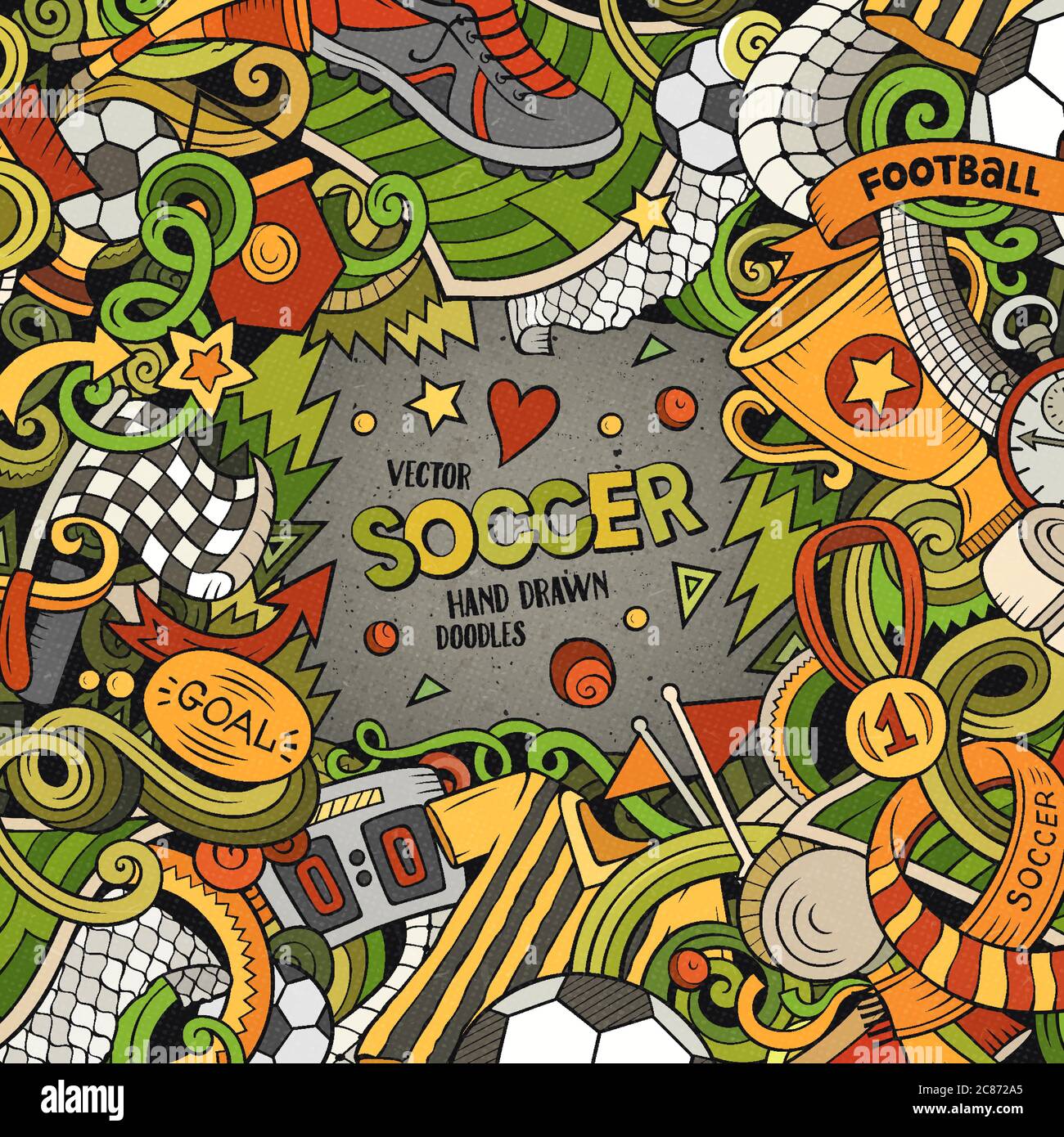 Cartoon vector doodles Soccer frame. Colorful, detailed, background ...