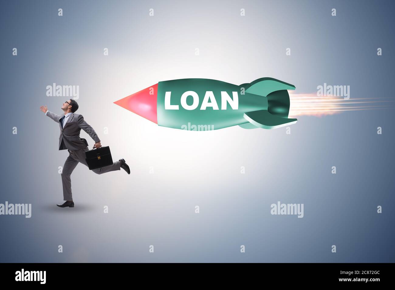 Concept of loan and debt with the businessman chased by rocket Stock ...