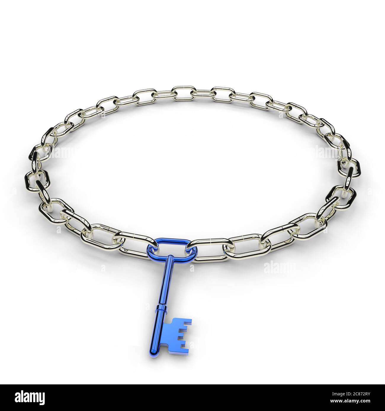 Blue key link in a silver circular chain on a white background Stock ...