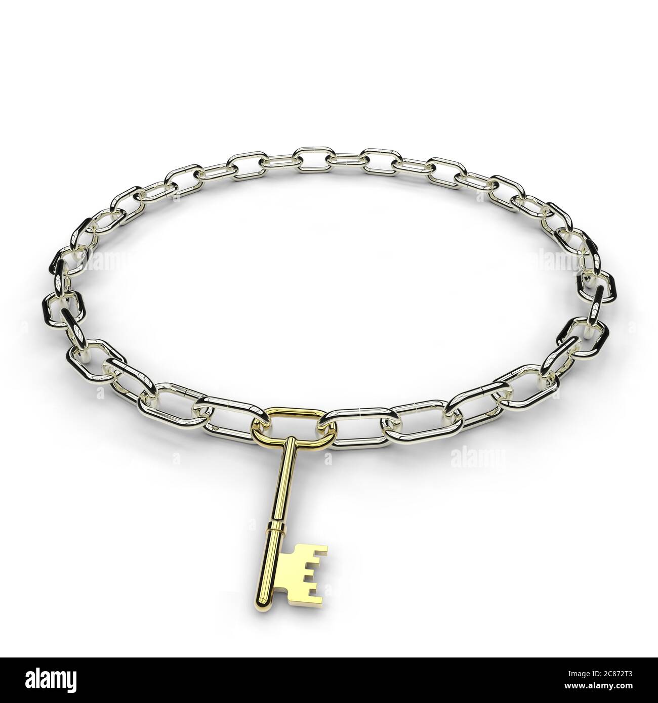 Gold key link in a silver circular chain on a white background Stock ...
