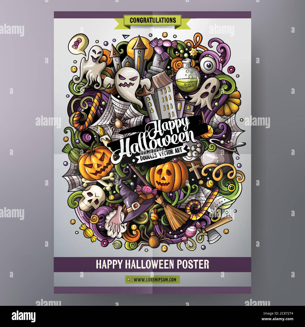 Cartoon colorful hand drawn doodles Halloween poster Stock Vector Image ...