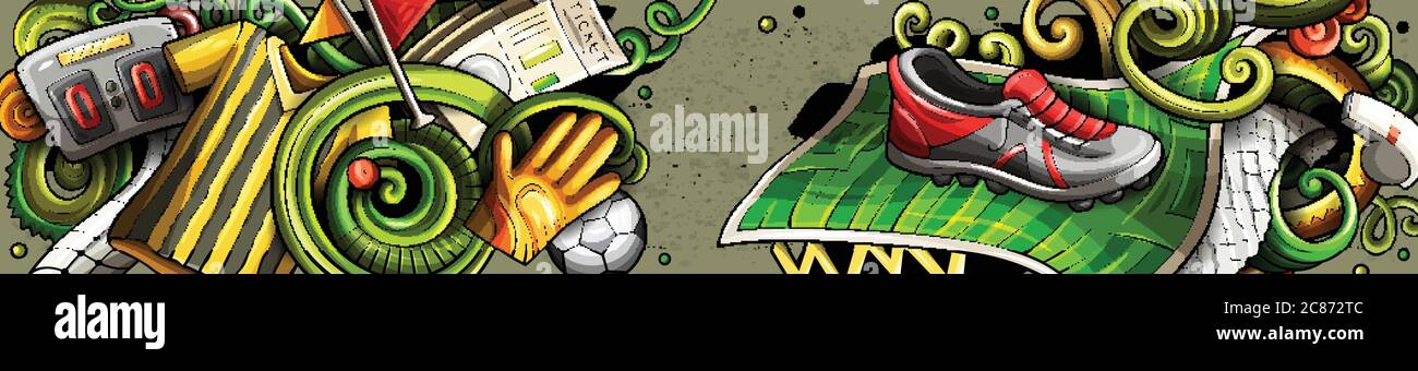 Soccer hand drawn doodle banner. Cartoon detailed illustrations Stock ...