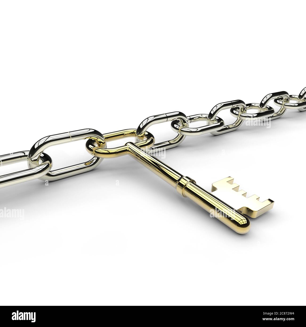 Gold key link in a silver chain on a white background Stock Photo - Alamy
