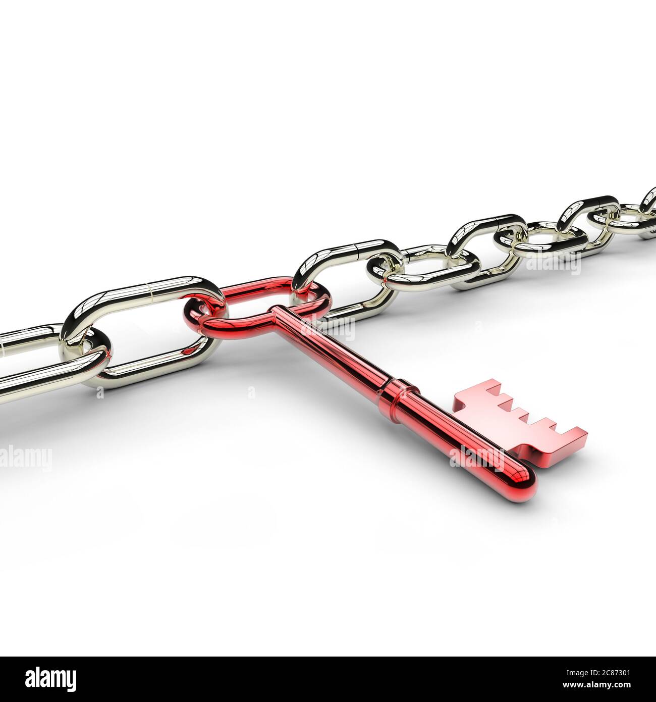 Red key link in a silver chain on a white background Stock Photo - Alamy