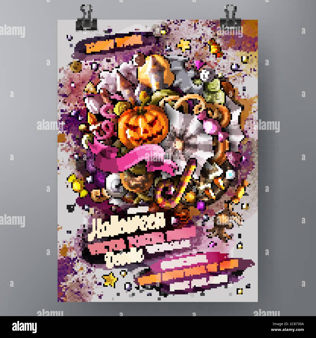 Cartoon hand drawn watercolor doodles Halloween poster design template ...