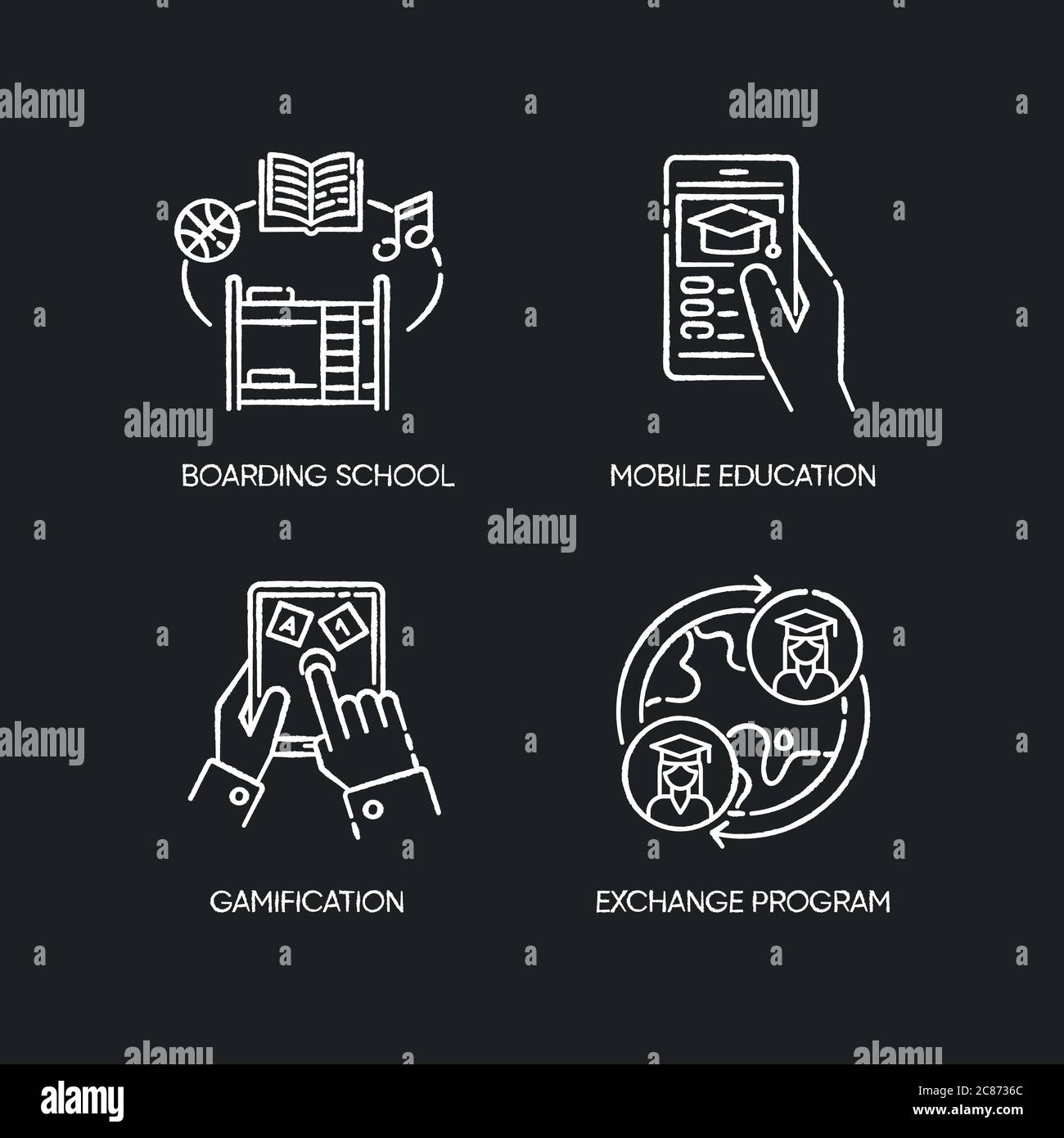 Modern learning opportunities chalk white icons set on black background ...