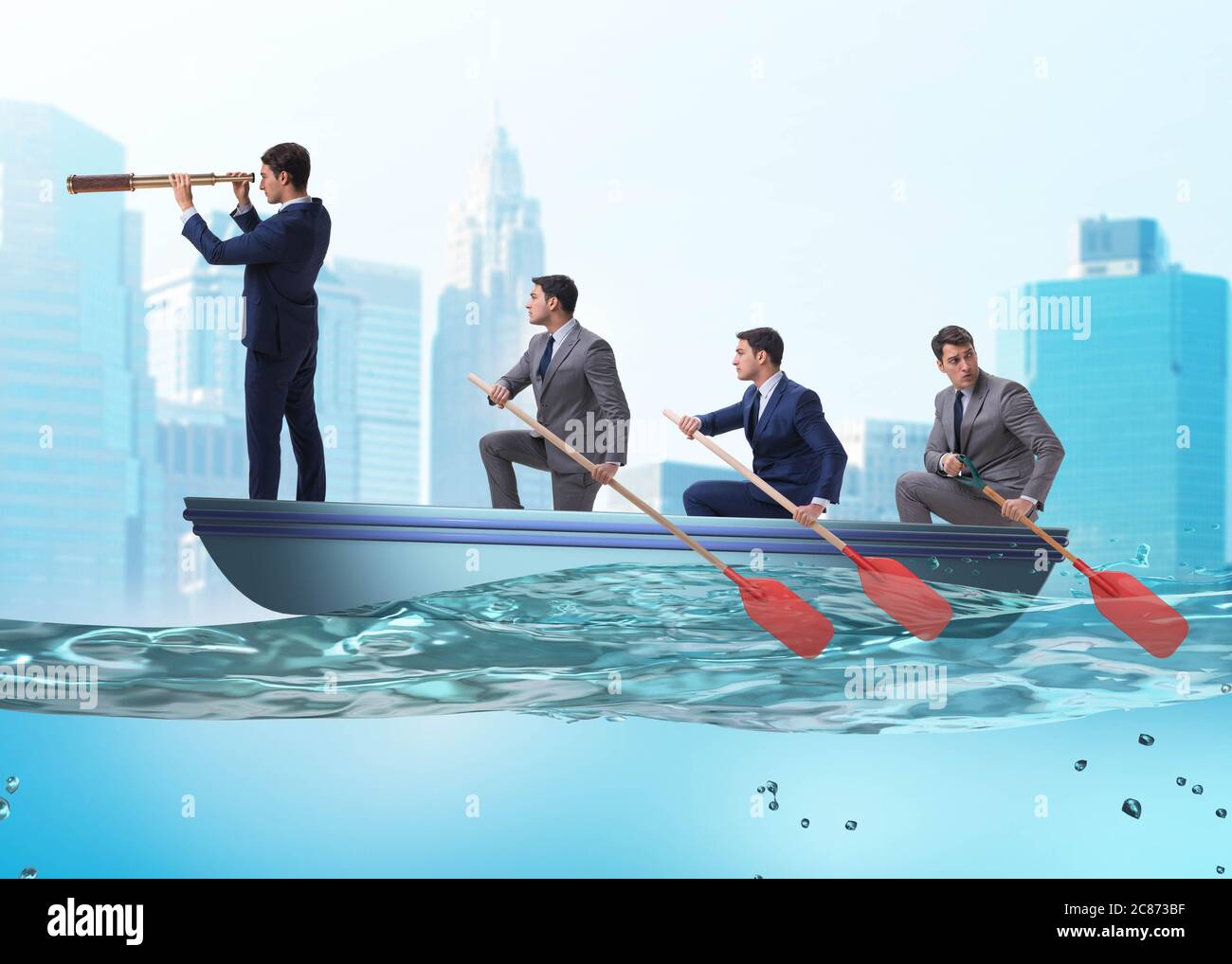 The team of businessmen in teamwork concept with boat Stock Photo - Alamy