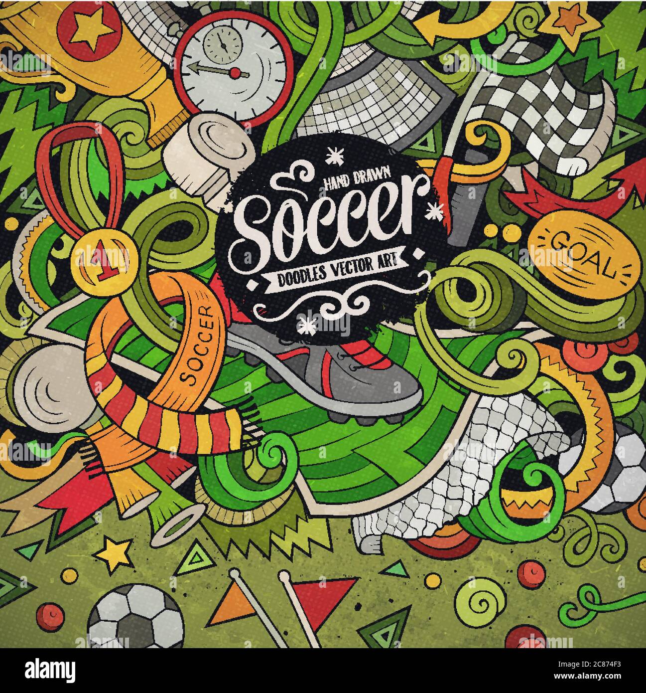 Cartoon vector doodles Soccer frame. Colorful, detailed, background ...