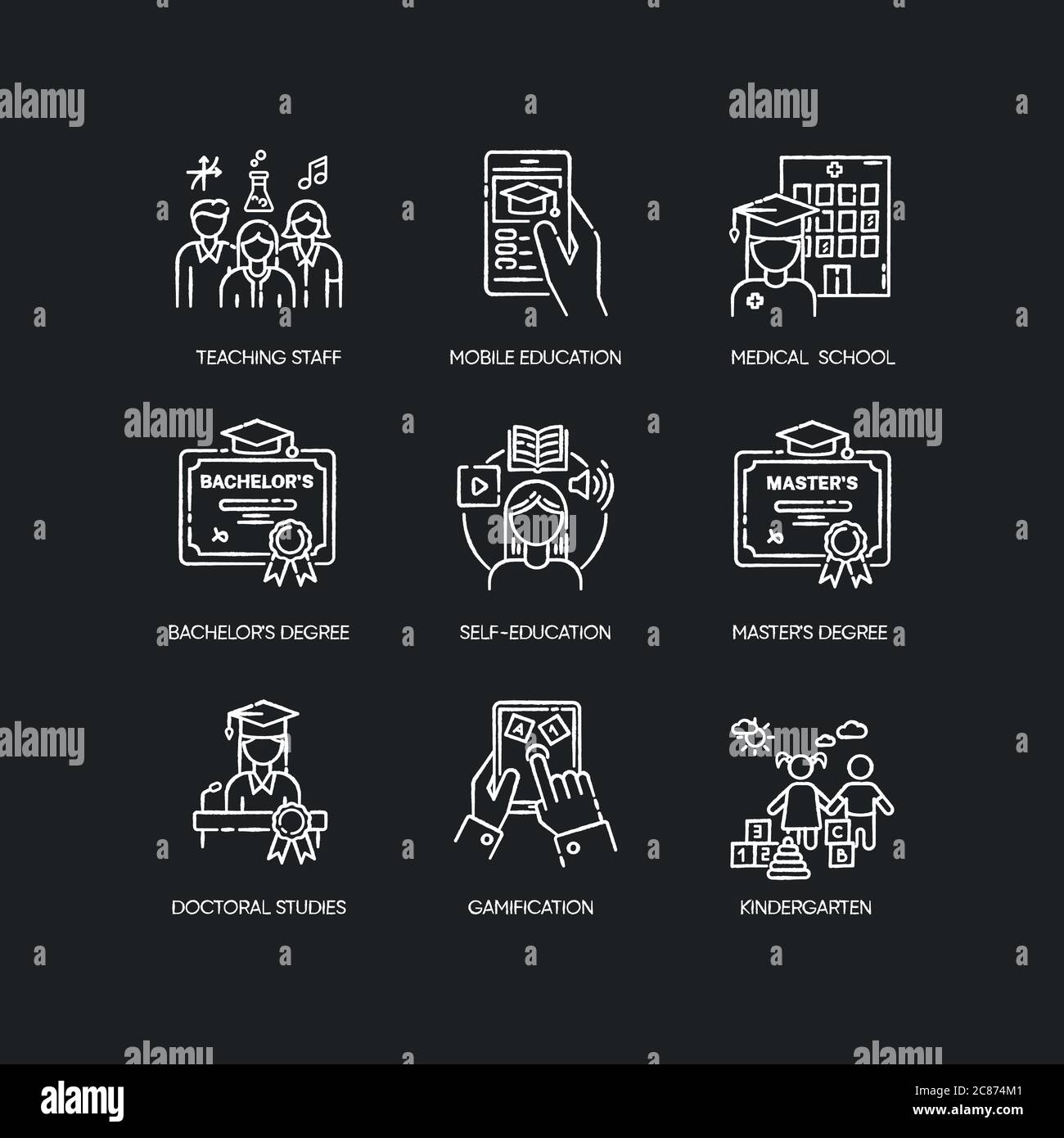 Modern education chalk white icons set on black background. E learning ...