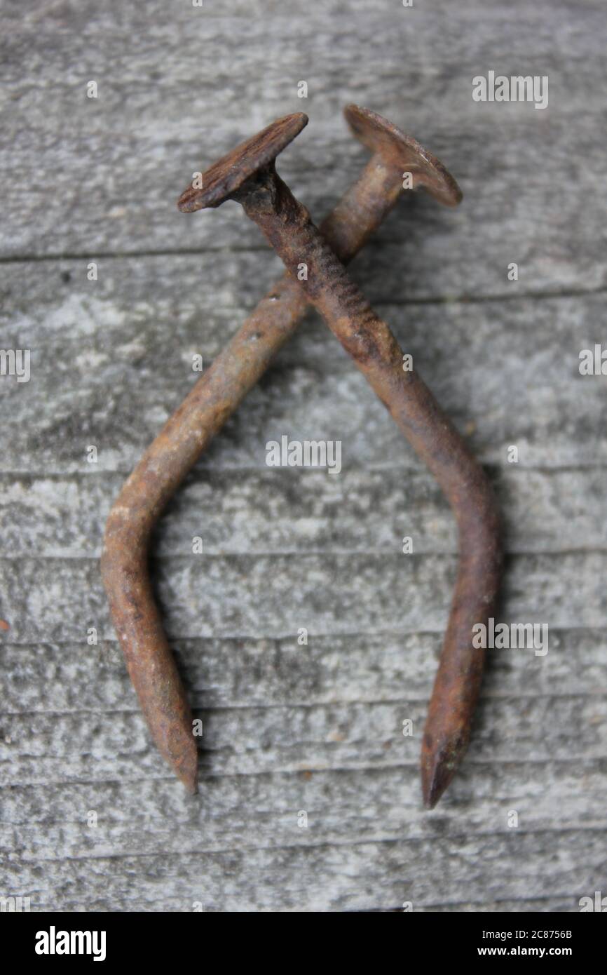 One pair of severely weathered rusted iron construction nails Stock ...