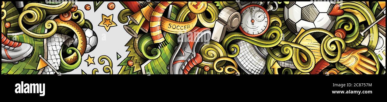 Soccer hand drawn doodle banner. Cartoon detailed illustrations Stock ...