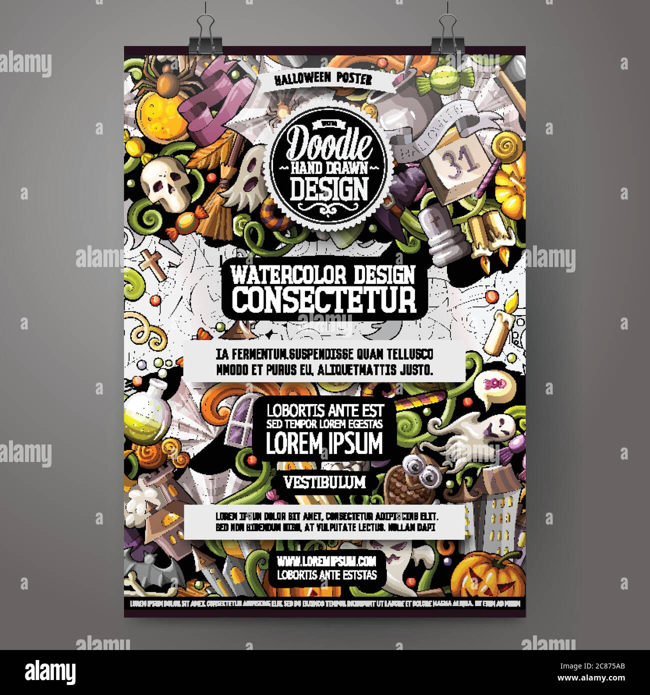 Cartoon colorful hand drawn doodles Halloween poster template Stock ...