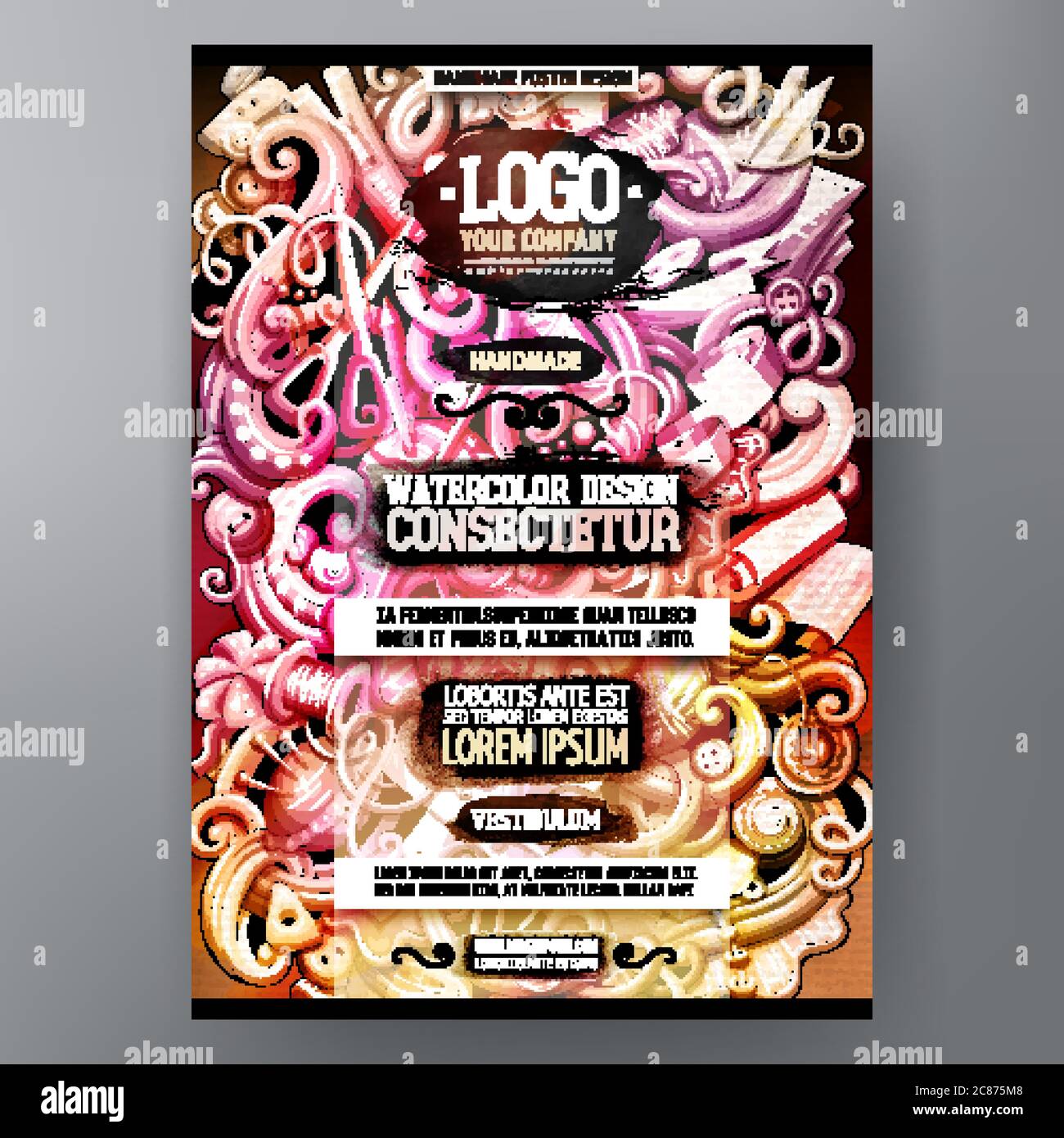 Cartoon watercolor hand drawn doodles Handmade poster design template ...