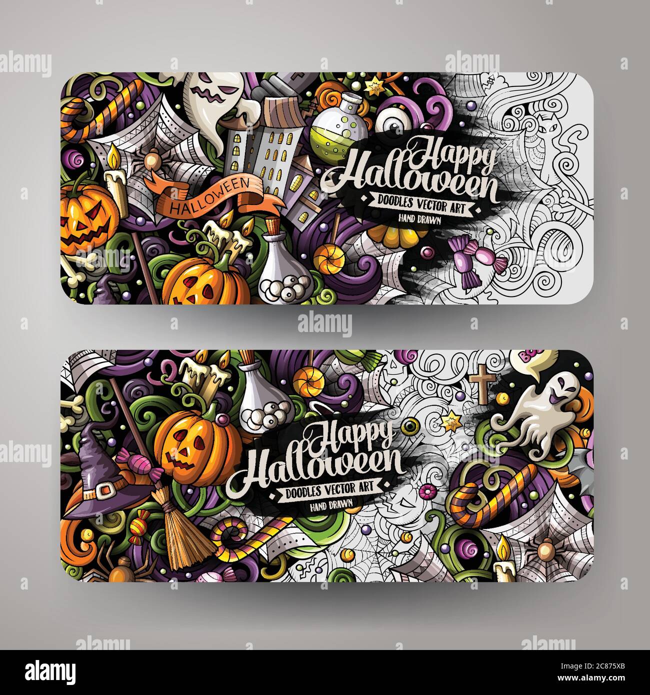Cartoon cute colorful vector hand drawn doodles Halloween banners Stock ...
