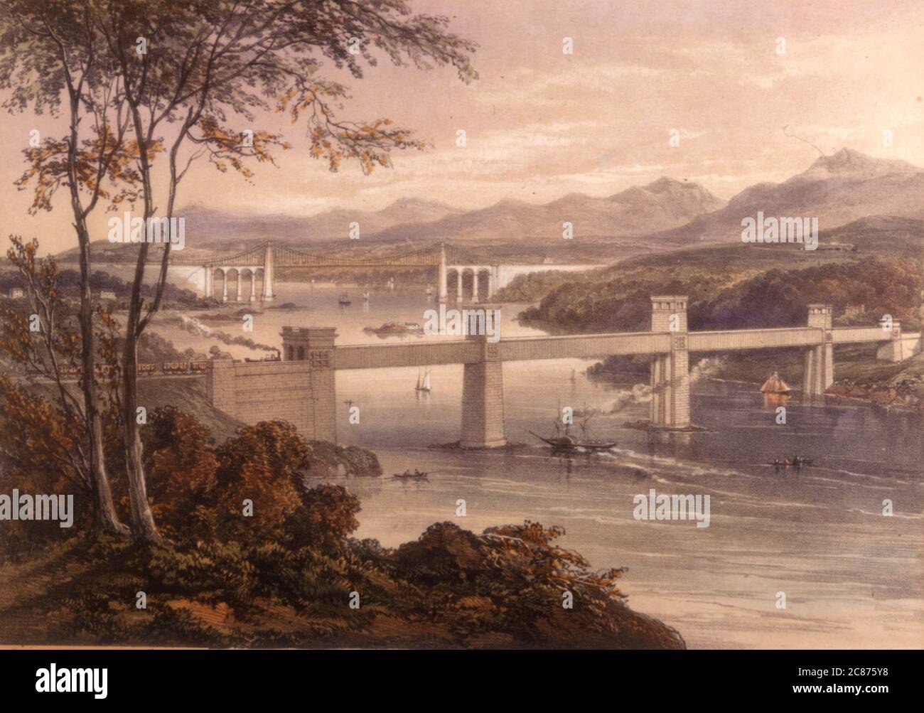 The two Menai bridges - the suspension road bridge built by Telford ...