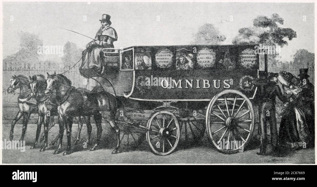 London's first omnibus, carrying up to twelve passengers and drawn by horses, introduced by Mr ...