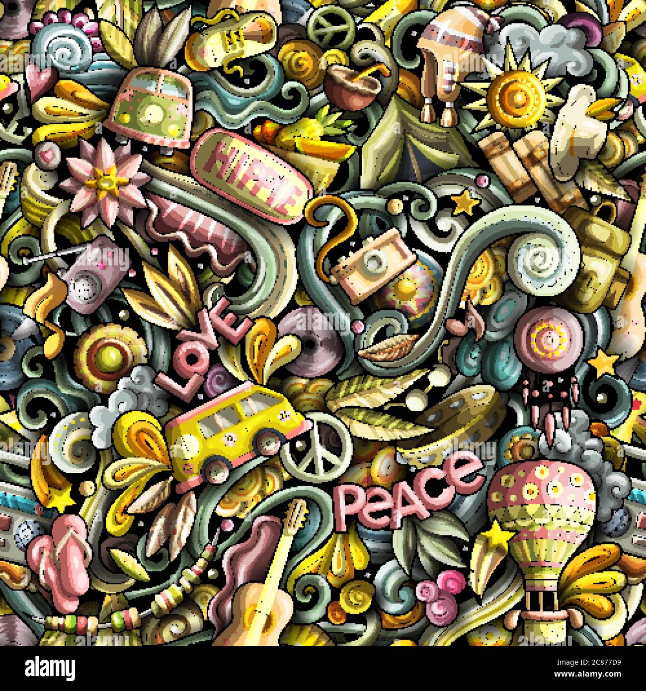 Hippie hand drawn doodles seamless pattern. Hippy background Stock ...