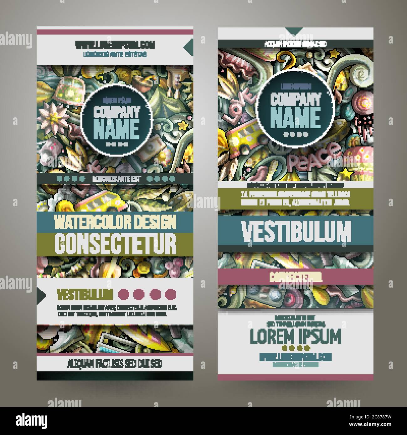 Hippie hand drawn doodle banners set. Cartoon detailed flyers Stock ...