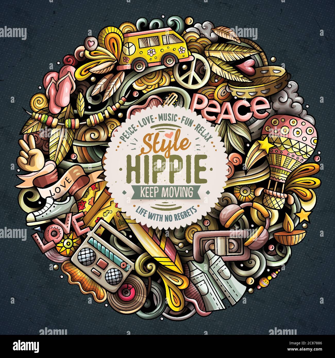 Hippie hand drawn vector doodles round illustration. Hippy poster design Stock Vector Image ...