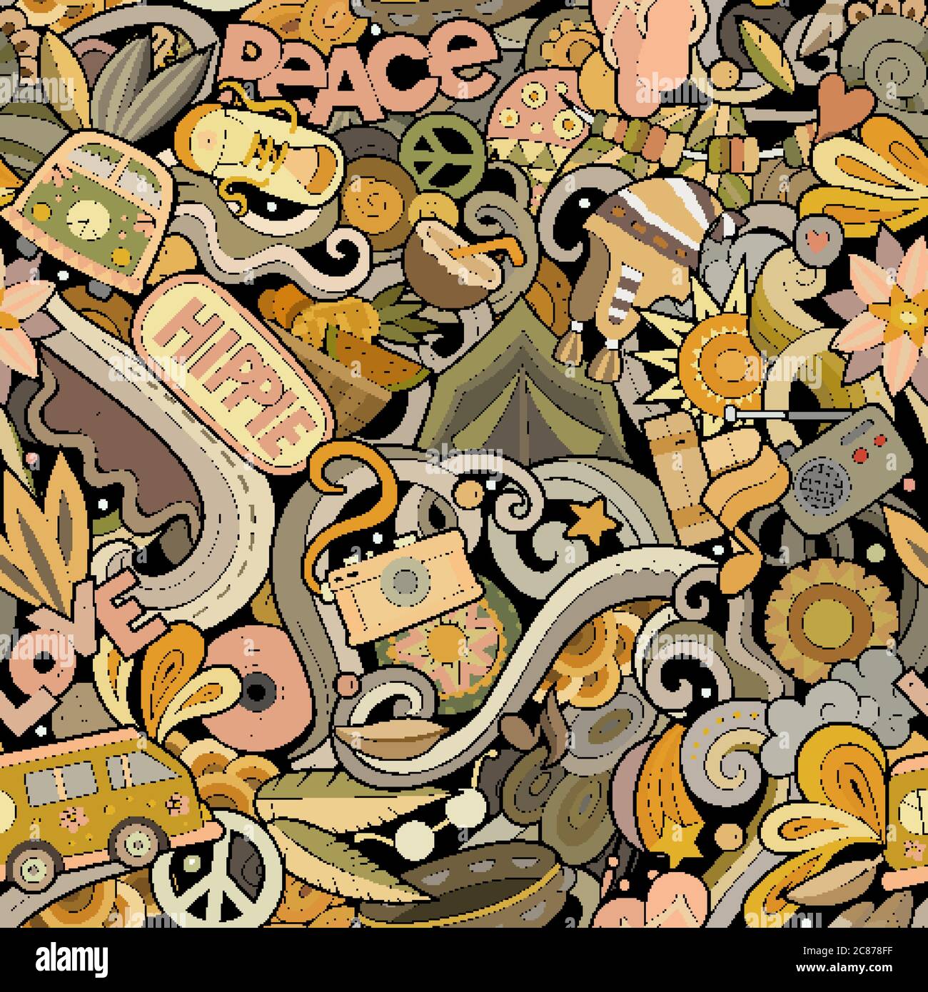 Hippie hand drawn doodles seamless pattern. Hippy background Stock ...
