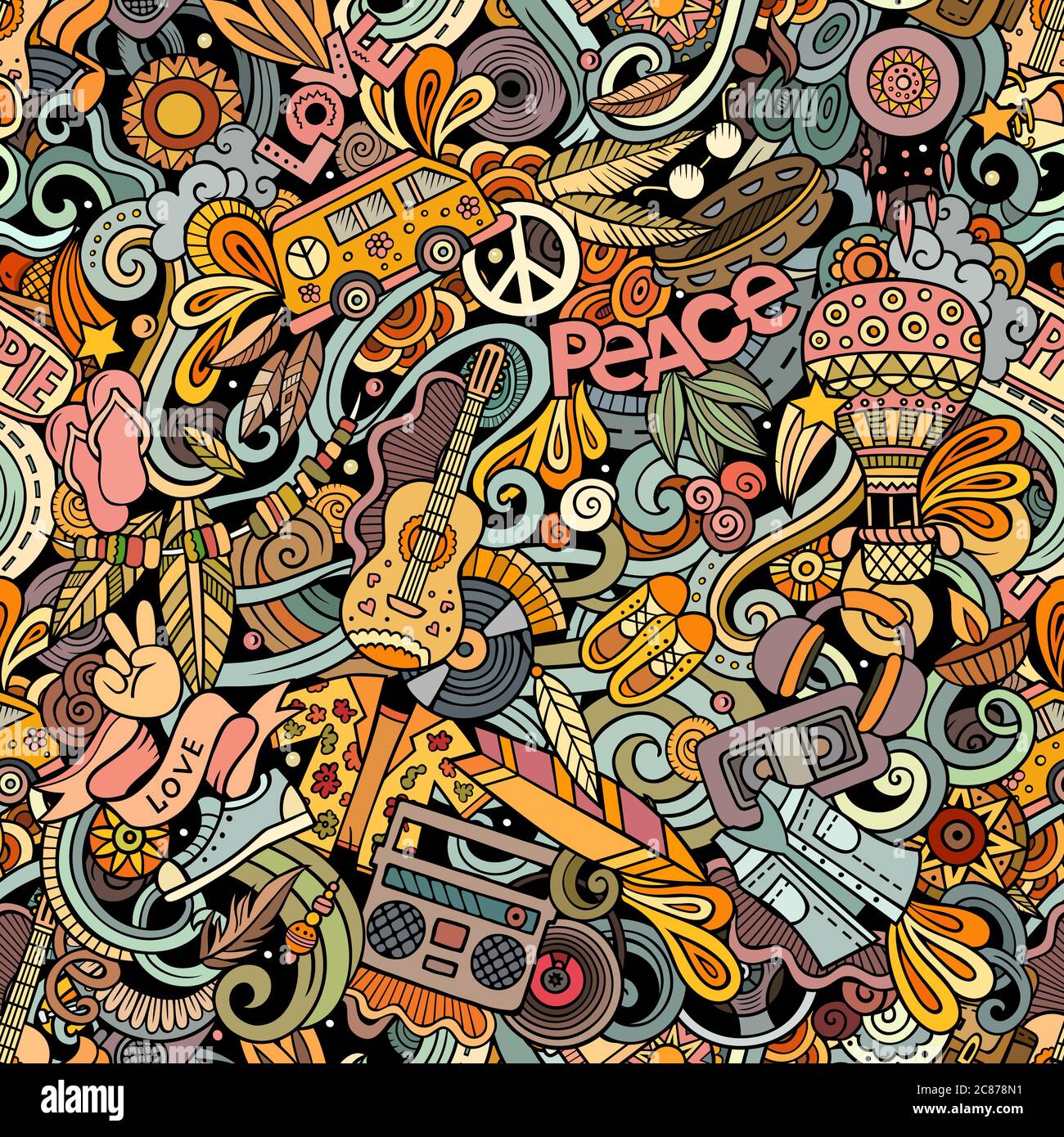 Hippie hand drawn doodles seamless pattern. Hippy background Stock ...