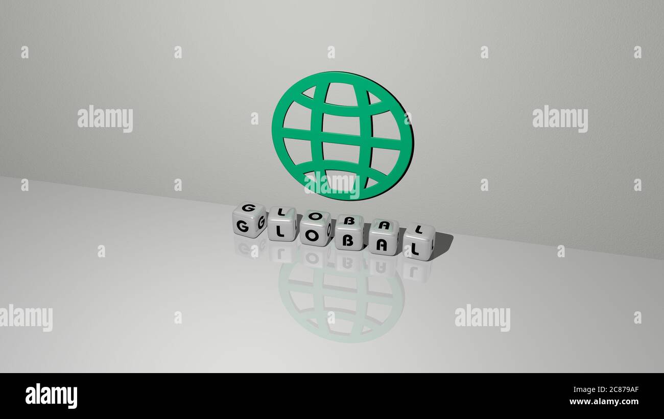 3D representation of global with icon on the wall and text arranged by ...