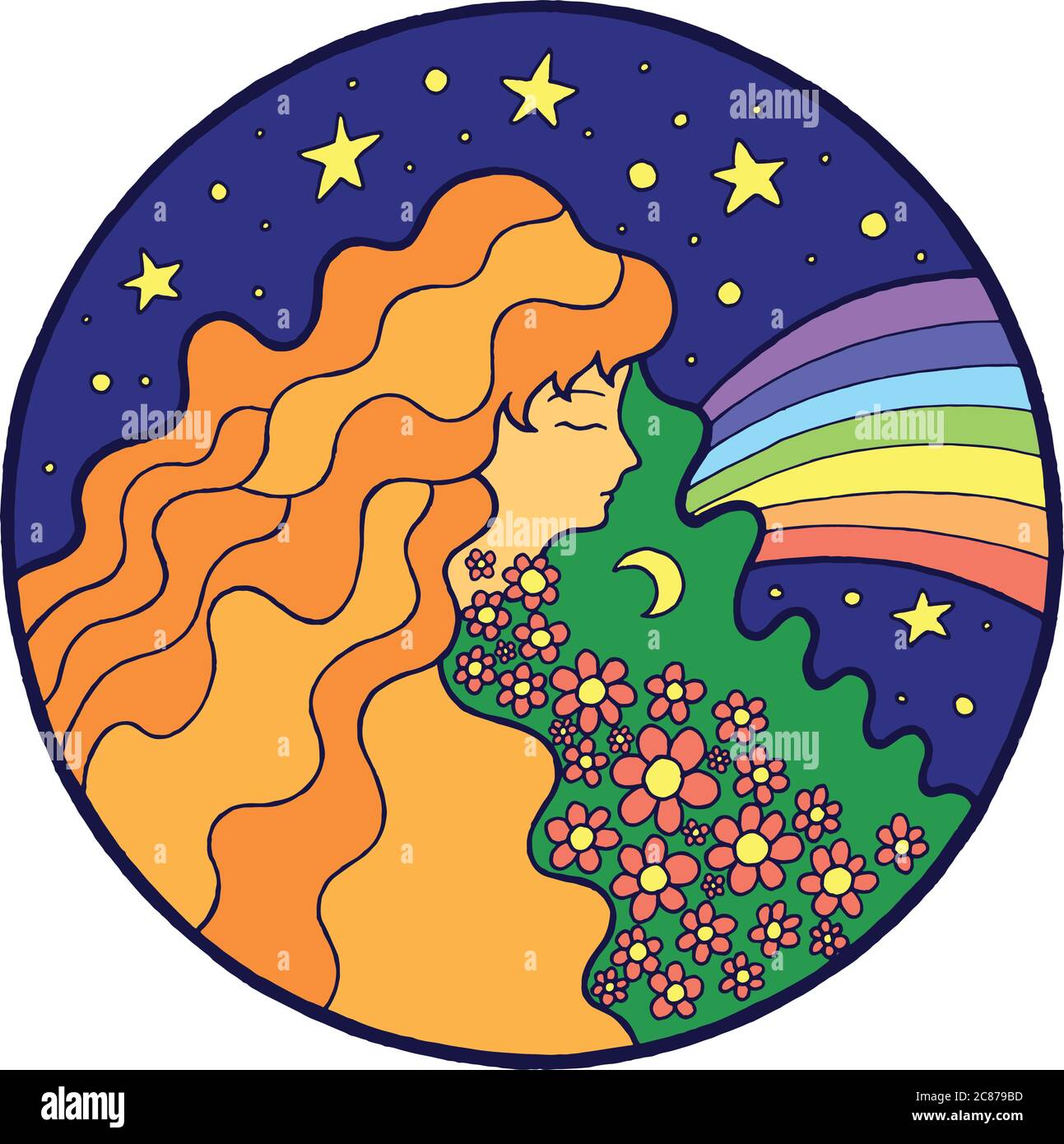 Psychedelic hippie girl with flower in hair. Hand drawn vector ...
