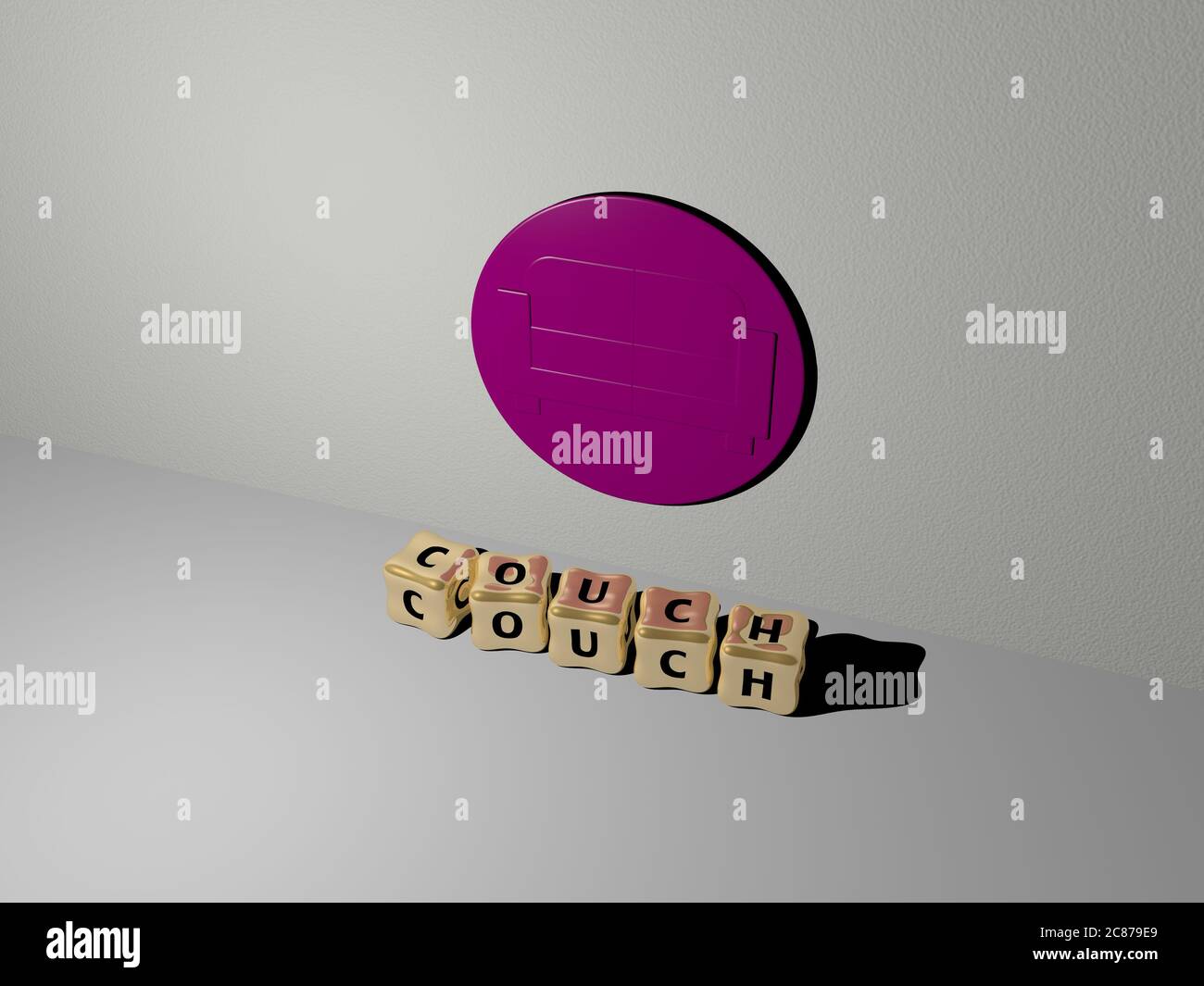 3D graphical image of couch vertically along with text built by ...