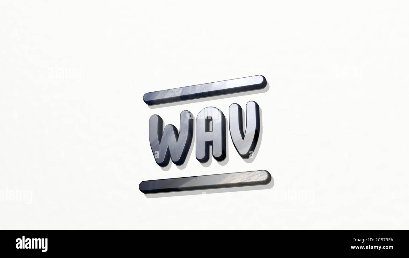 AUDIO DOCUMENT WAV on the wall. 3D illustration of metallic sculpture ...