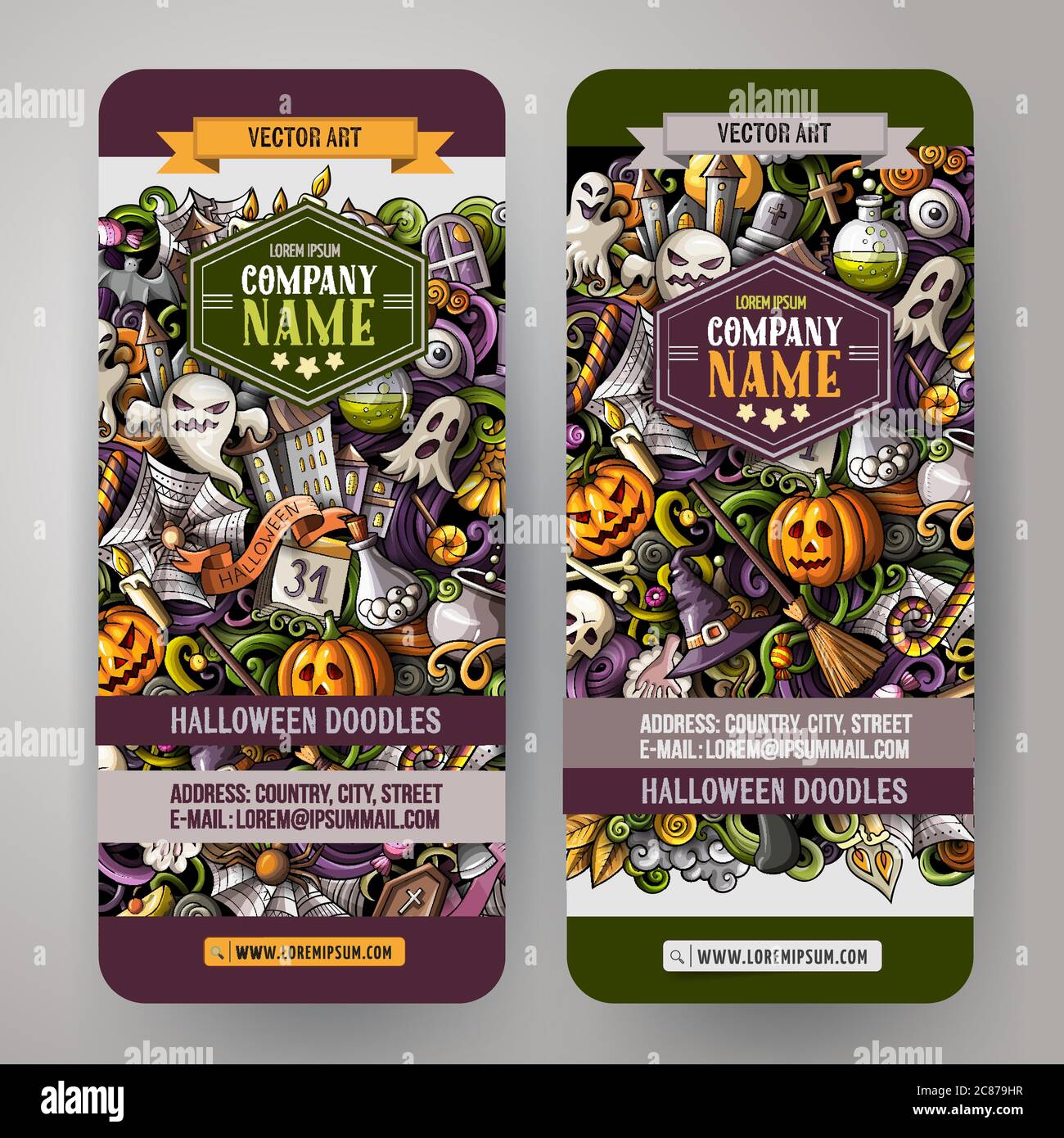 Cartoon cute colorful vector hand drawn doodles Halloween banners ...