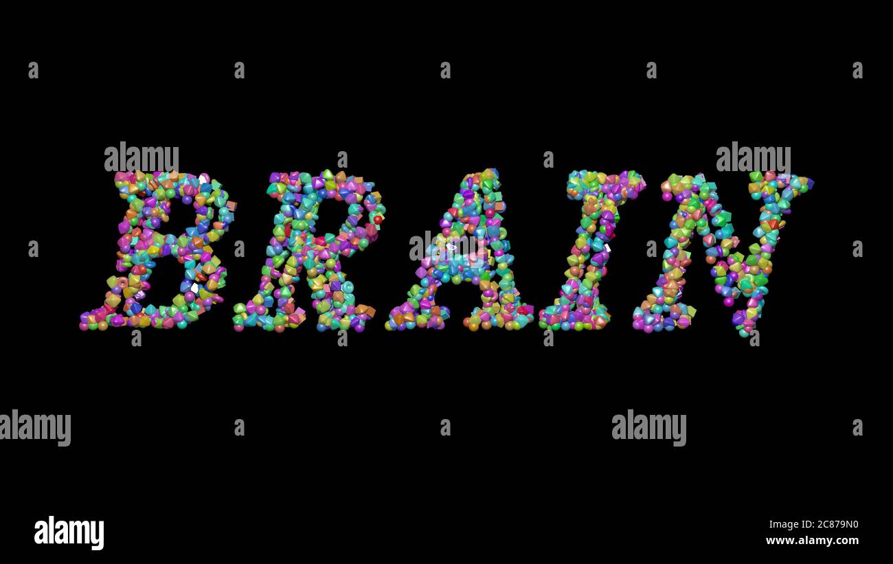 Colorful 3D writing of brain text with small objects over a dark ...