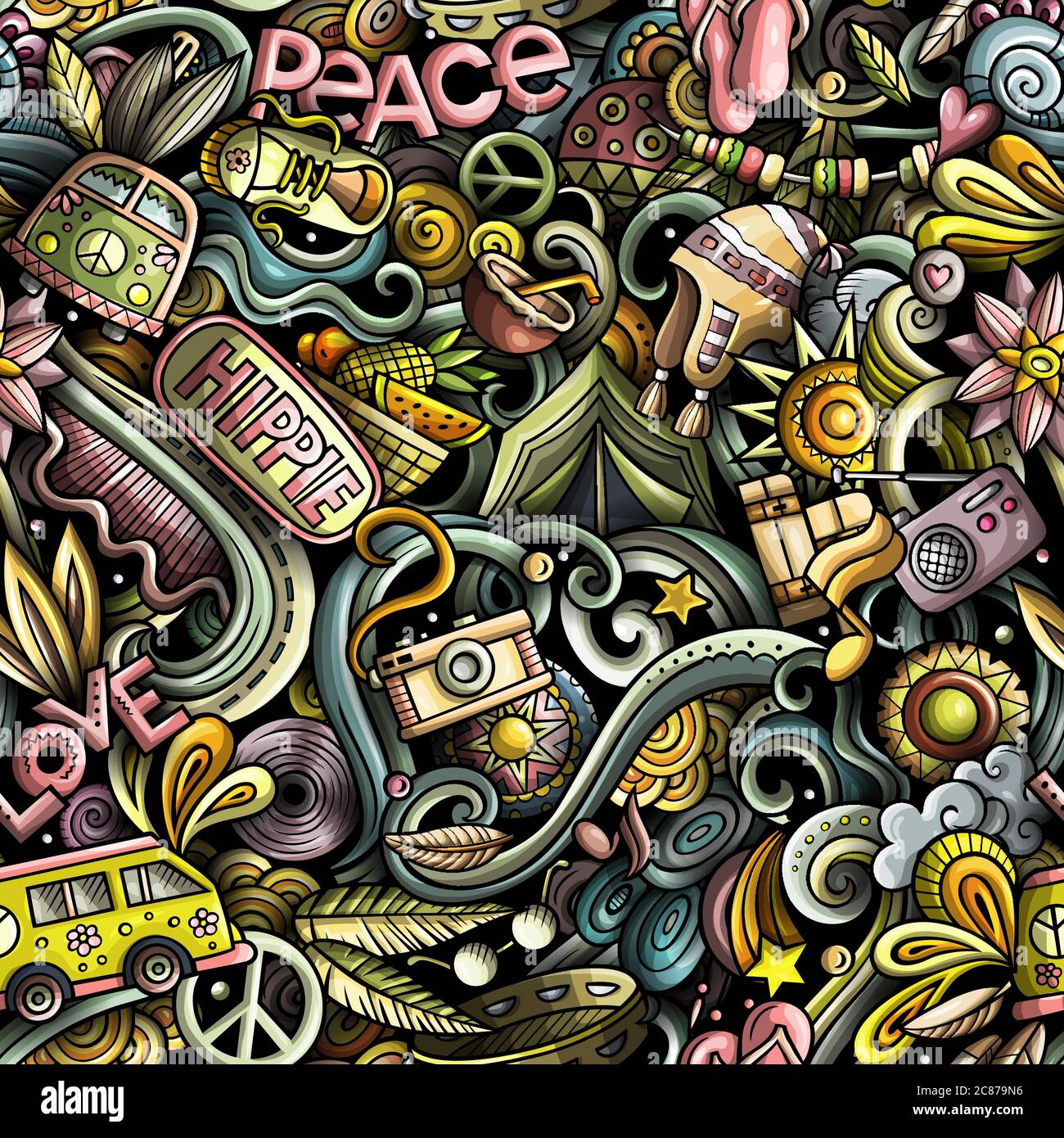 Hippie hand drawn doodles seamless pattern. Hippy background Stock ...